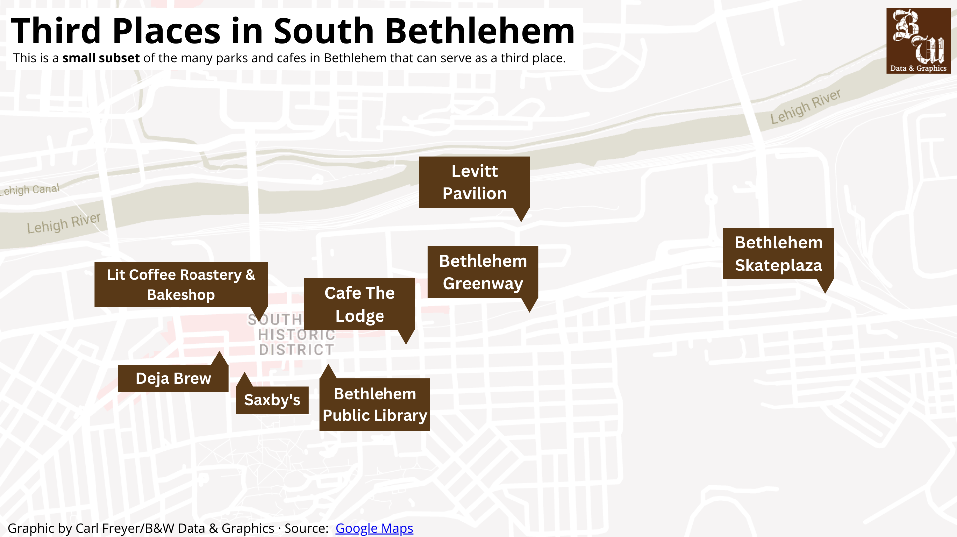 Accessibility of third places in Bethlehem - The Brown and White
